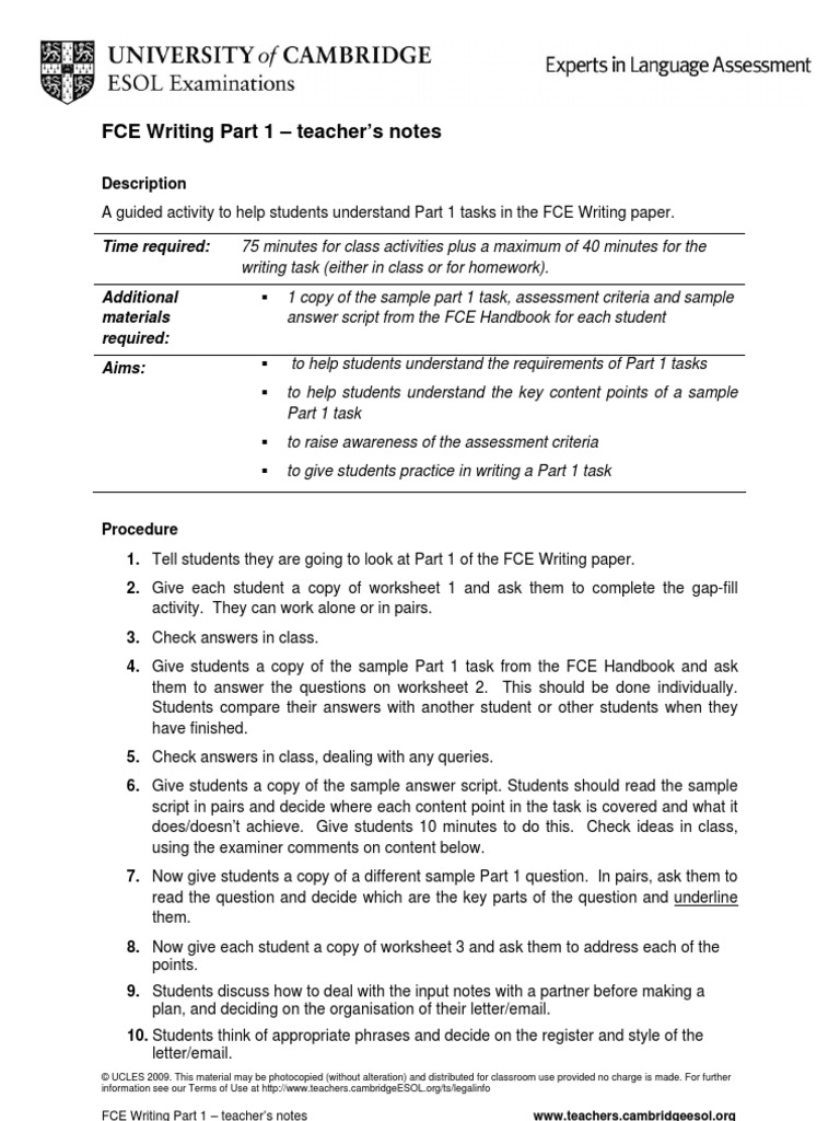 FCE Writing Part 1 - Teacher's Notes: Time Required | PDF | Photocopier ...