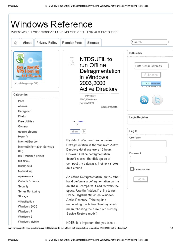 Windows Reference: Ntdsutil To Run Offline Defragmentation in Windows 2003,2000 Active Directory ...
