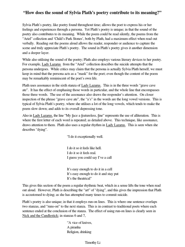 The Unique Contribution of Sound to the Meaning of Sylvia Plath's ...