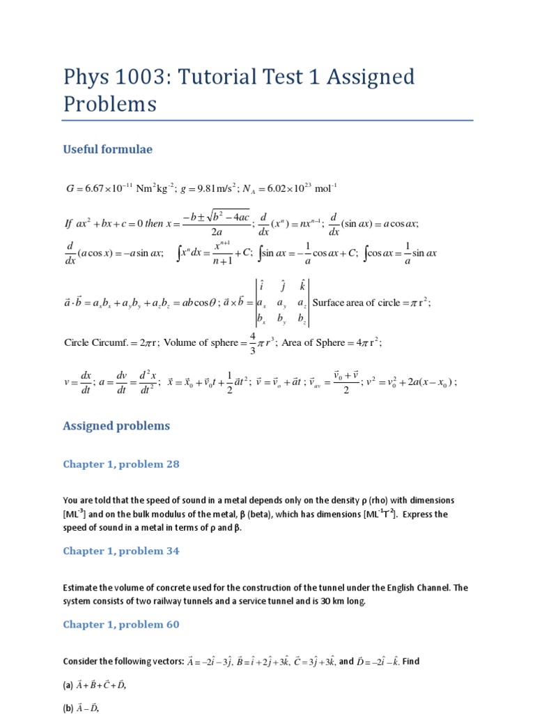 PHYS 1003 Tutorial Test 1 Assigned Problems | PDF