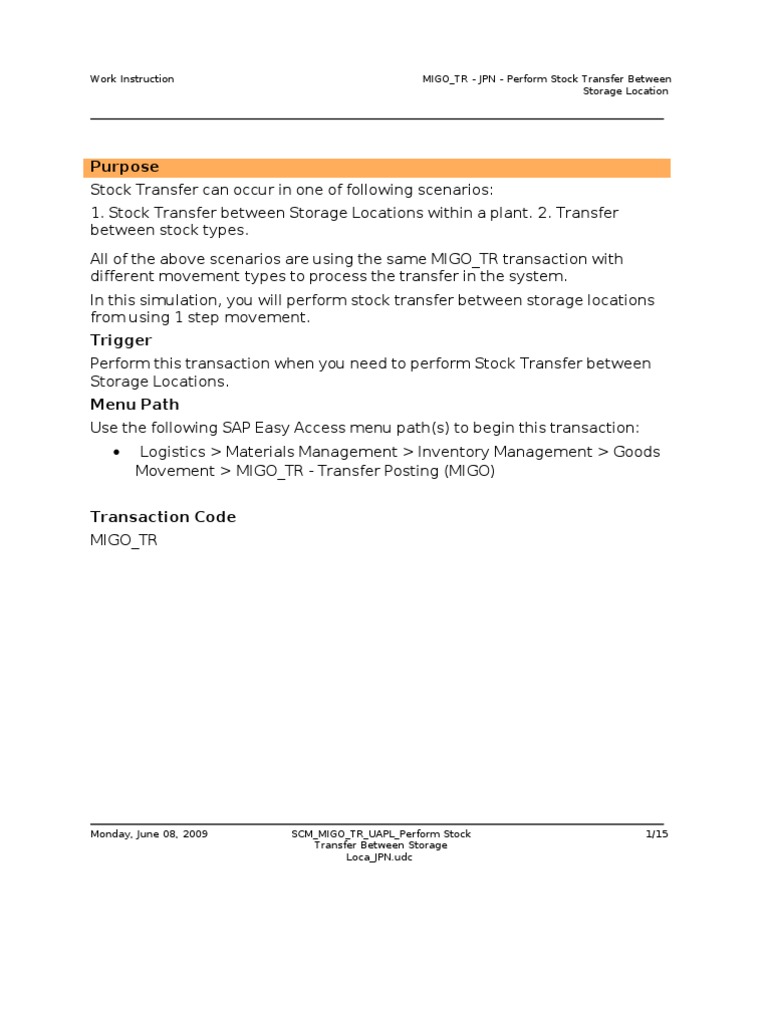 SCM MIGO TR UAPL Perform Stock Transfer Between Storage Loca JPN | PDF ...