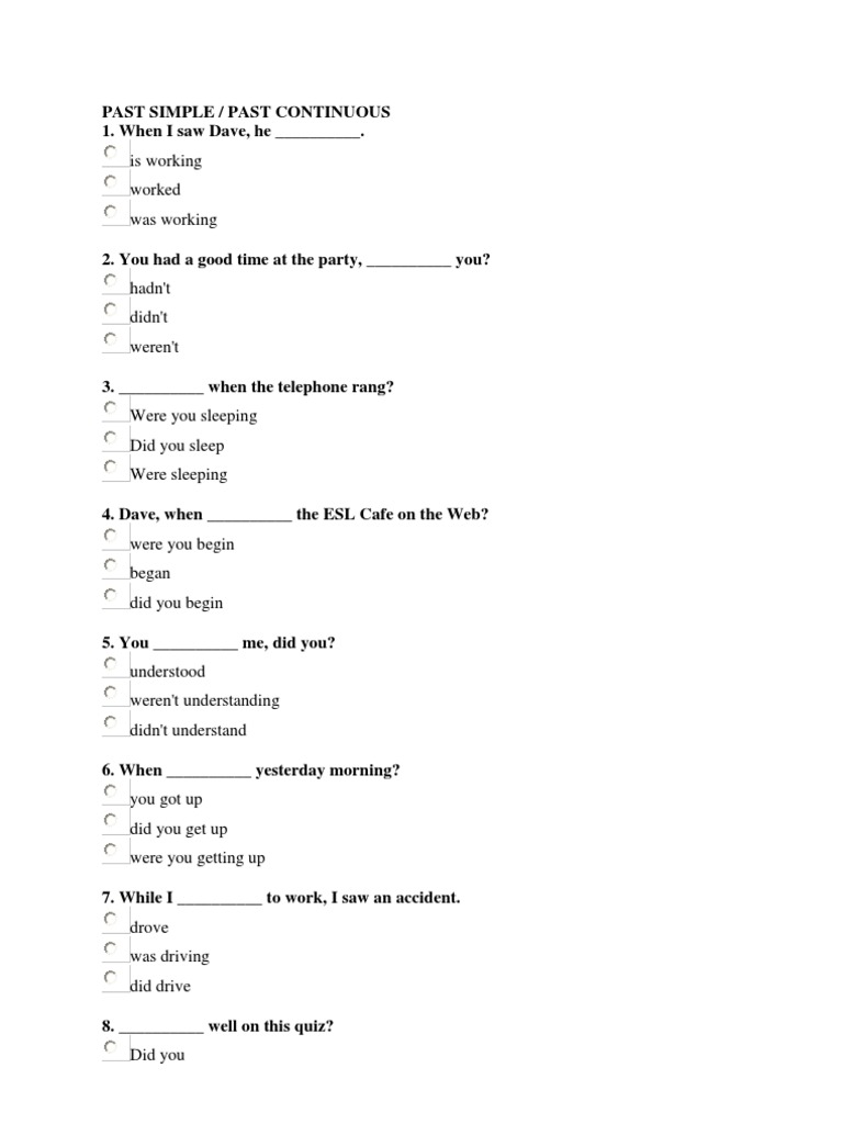 Past Simple vs. Past Continuous Quiz | PDF | Quiz | Psychology