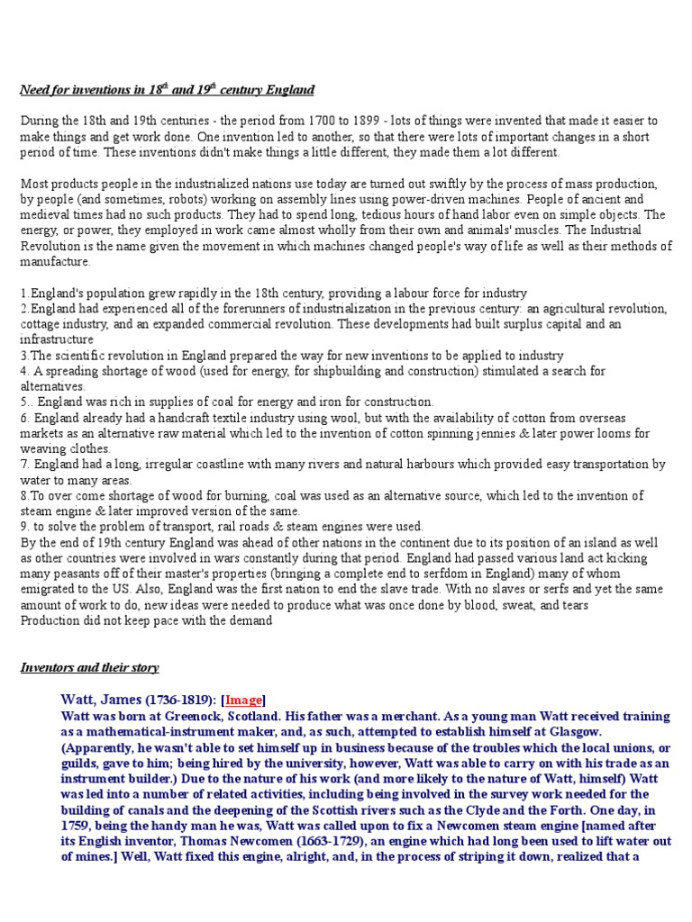 Need For Inventions in 18th and 19th Century England | PDF ...