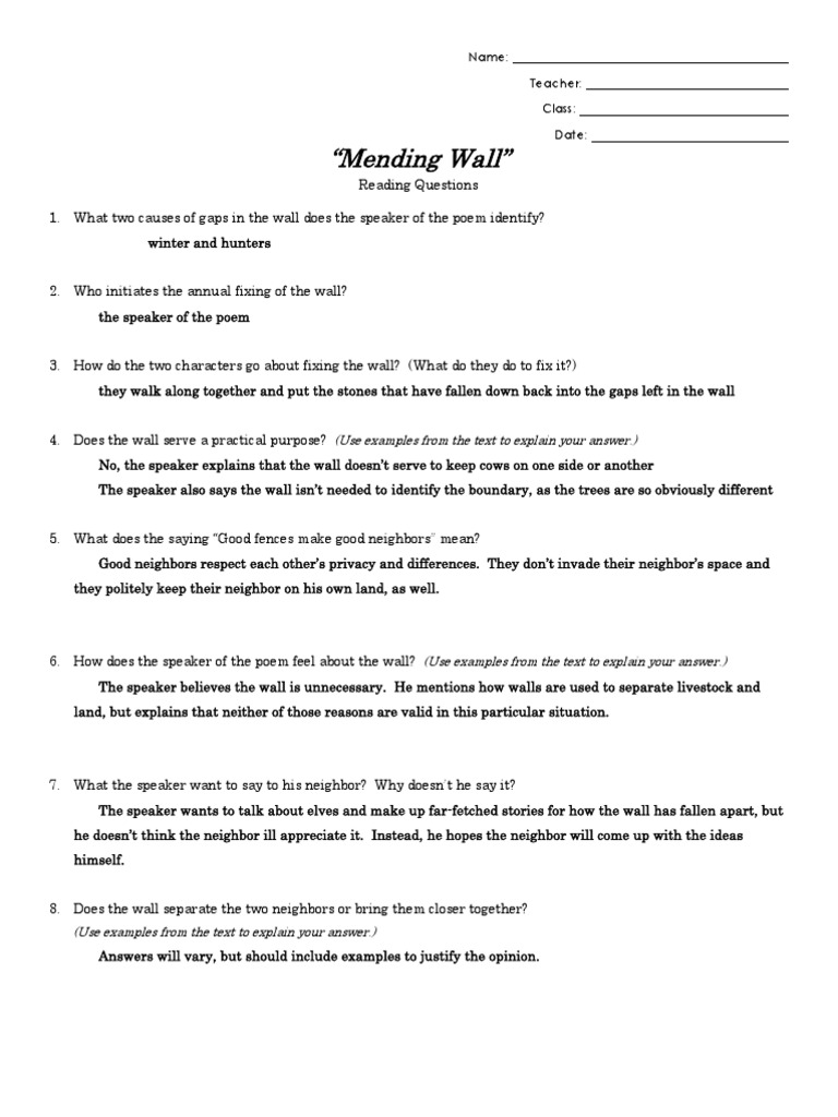 Mending Wall Reading Questions ANSWER KEY | PDF | Wall | Poetry