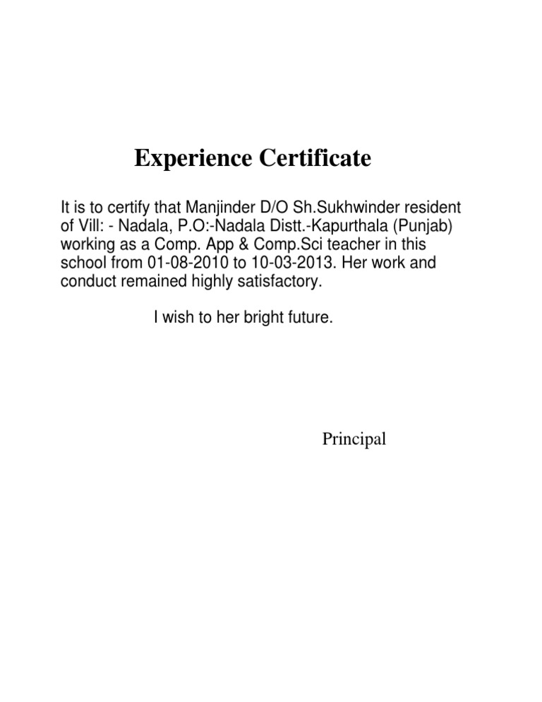 Experience Certificate: Principal | PDF