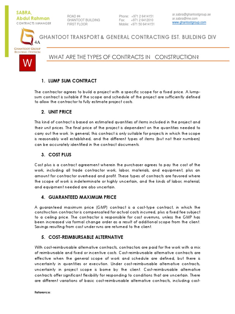 Types of Contracts in Construction | PDF | General Contractor | Industries