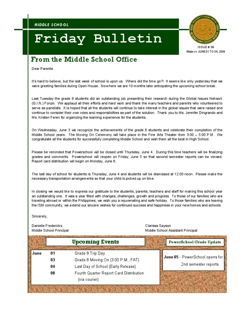 Middle School Weekly Bulletin: June 2009 | PDF | Identity Document ...