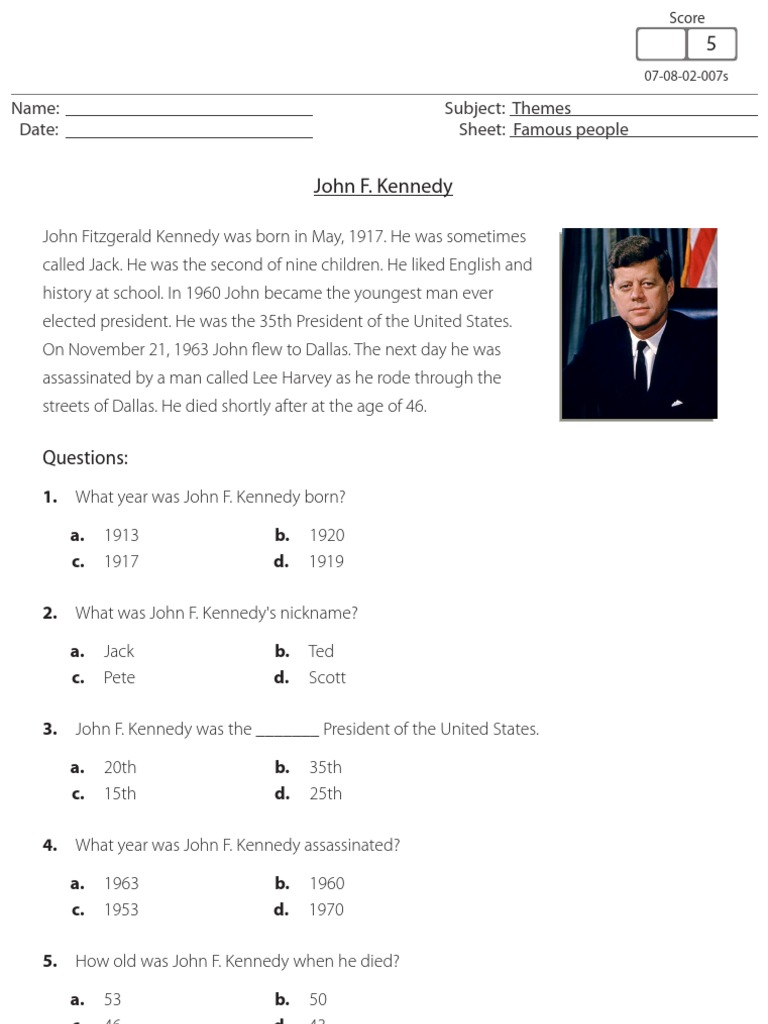 John F Kennedy - Reading Comprehension For Primary/elementary Children ...