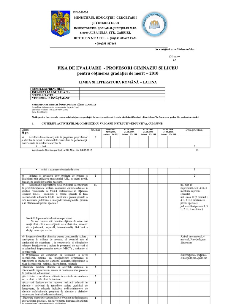 Raport Autoevaluare Fisa Autoevaluare Profesori Gradatie de Merit | PDF