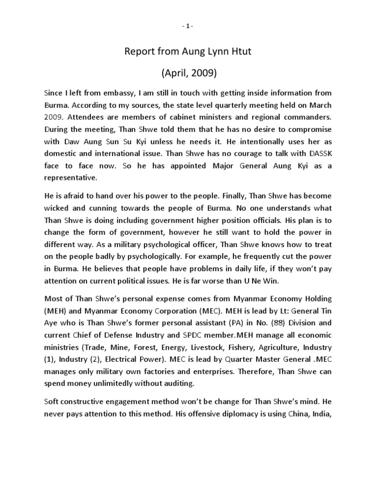 Report From Aung Lynn Htut | PDF | Politics Of Myanmar | Myanmar