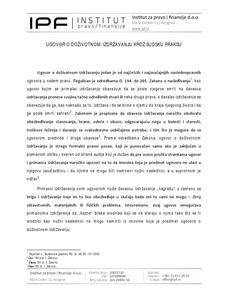 UGOVOR O DOŽIVOTNOM IZDRŽAVANJU Institut Za Pravo I Finansije WWW - Ipf | PDF