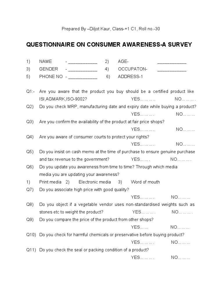 Questionnaire On Consumer Awareness-A Survey | PDF | Business | Computers