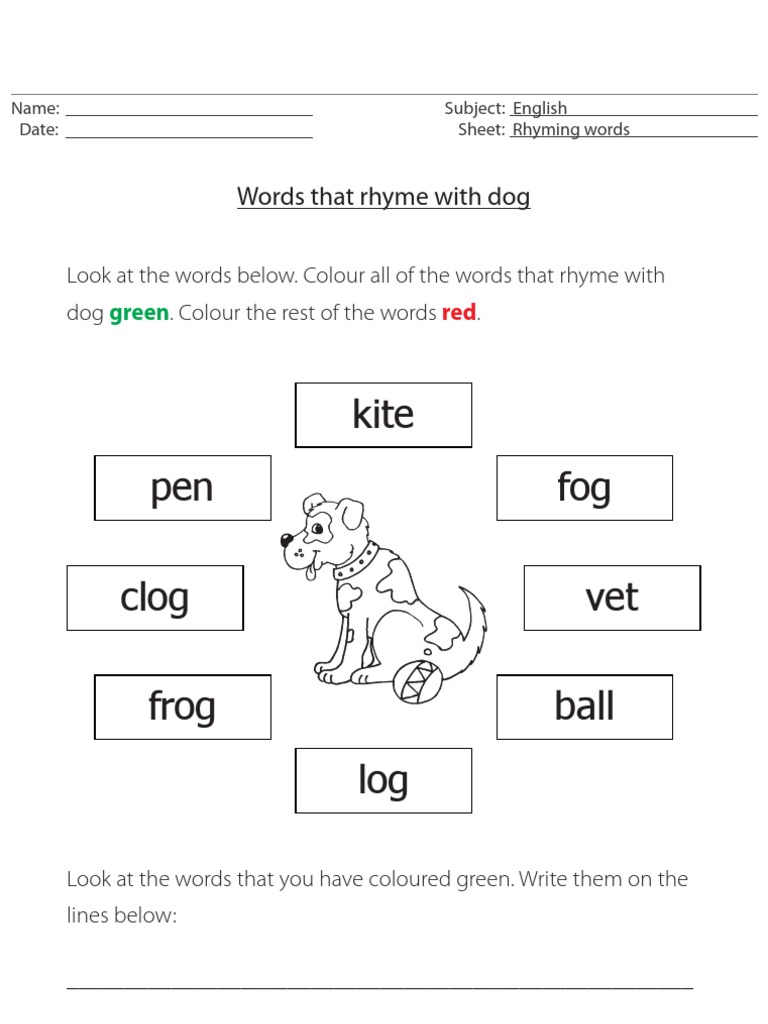 Words That Rhyme With Dog - English Worksheet For Primary/elementary ...