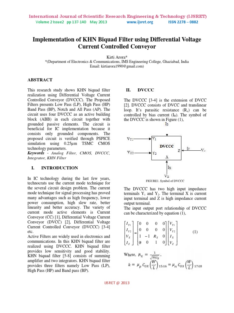 Implementation of KHN Biquad Filter Using Differential Voltage Current Controlled Conveyor | PDF ...