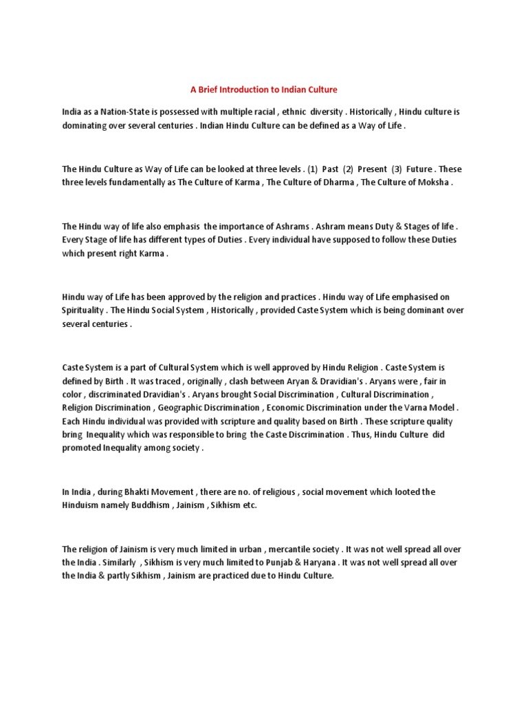 A Brief Introduction To Indian Culture | PDF | Multiculturalism | Tribe