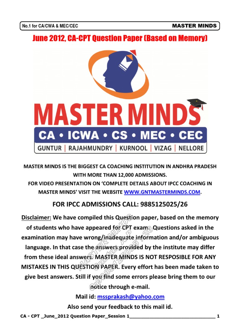 CA - CPT Question Paper (June 2012) - Revised | PDF