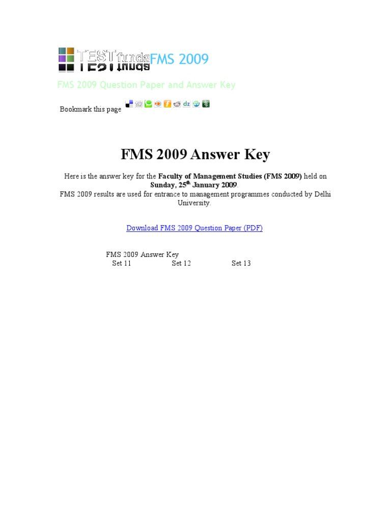 FMS 2009 Question Paper and Answer Key | PDF | Business | Computers