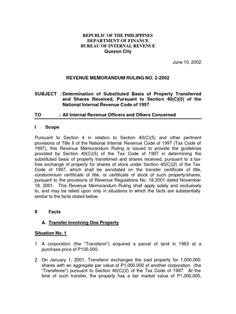 Revenue Memo Ruling 02-2002 | PDF | Historical Cost | Stocks