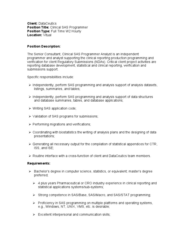 Clinical SAS Programmer Dataceutics | PDF