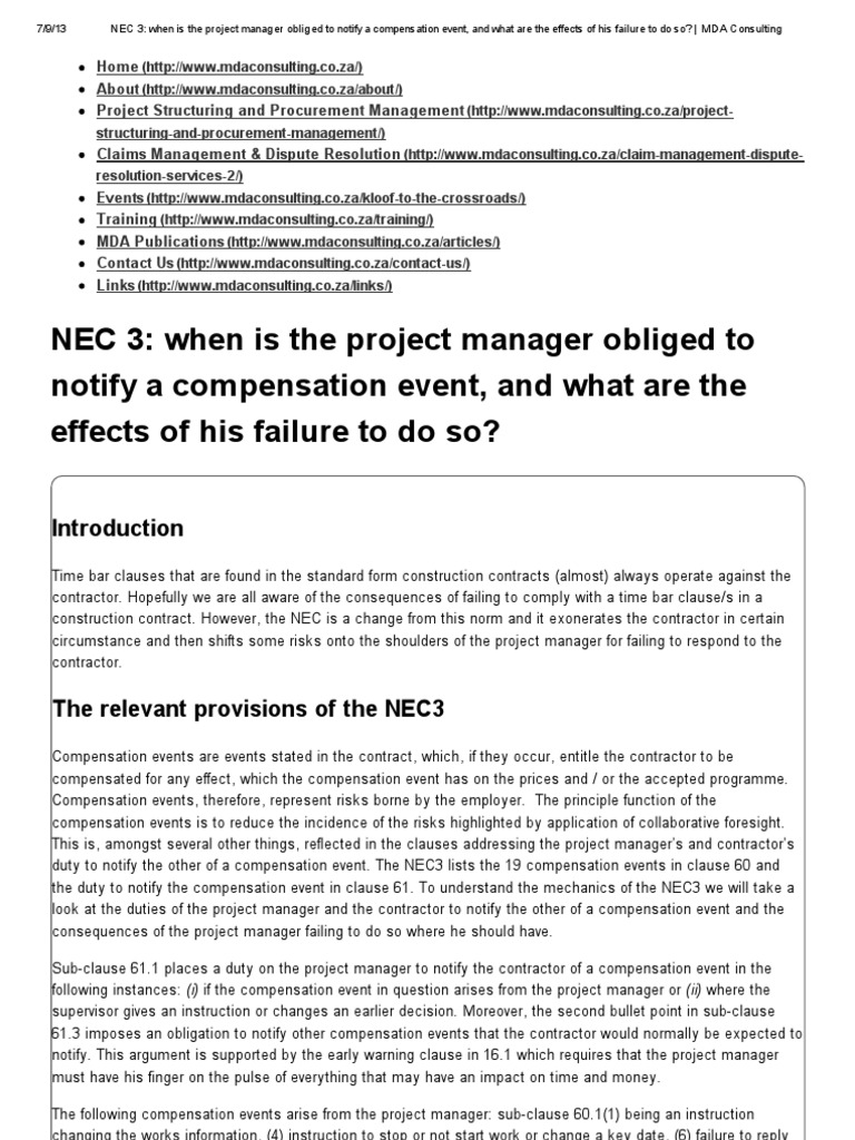 NEC 3 - When Is The Project Manager Obliged To Notify A Compensation ...