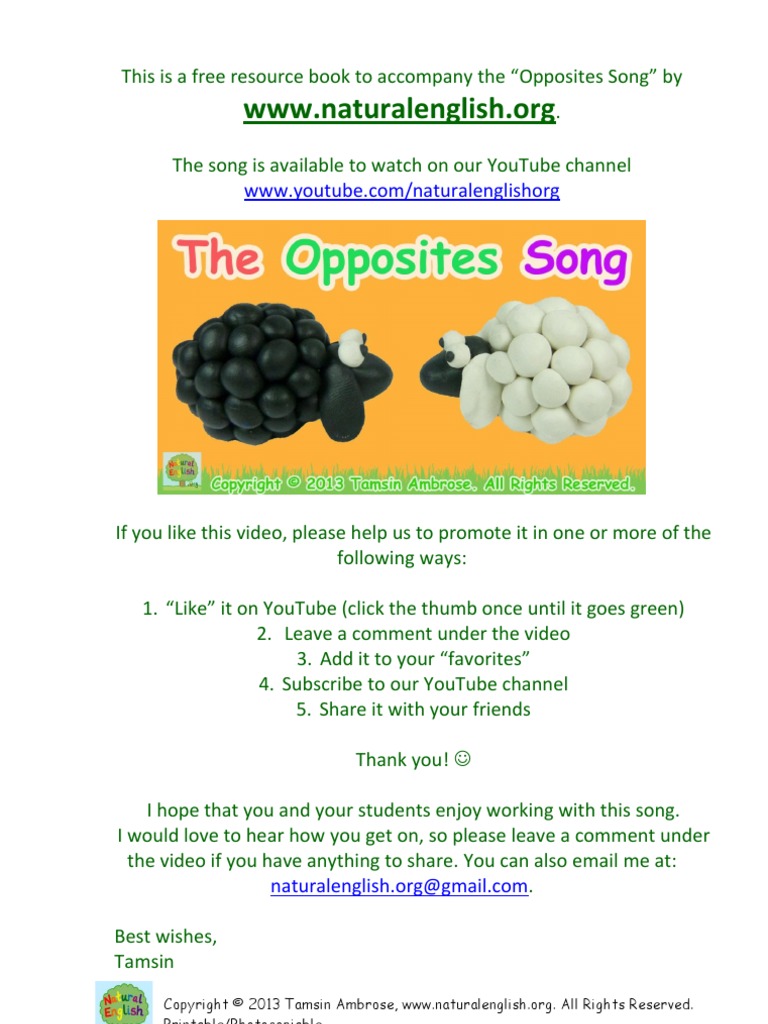 Opposites Song FREE Activity Ebook | PDF | All Rights Reserved | Question