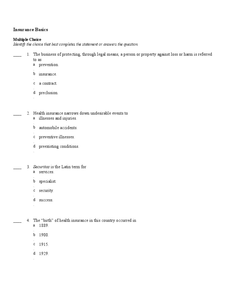 Insurance Basics Quiz | PDF | Managed Care | Health Insurance ...