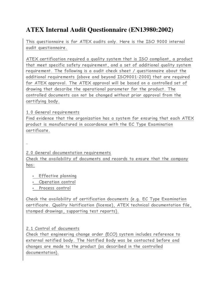 ATEX Internal Audit Questionnaire | PDF | Iso 9000 | Verification And ...