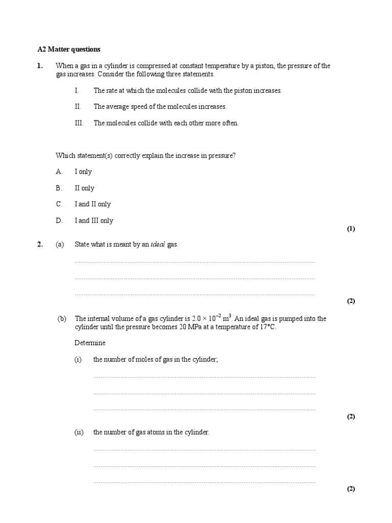 A2 Ideal Gases Questions | PDF | Gases | Temperature