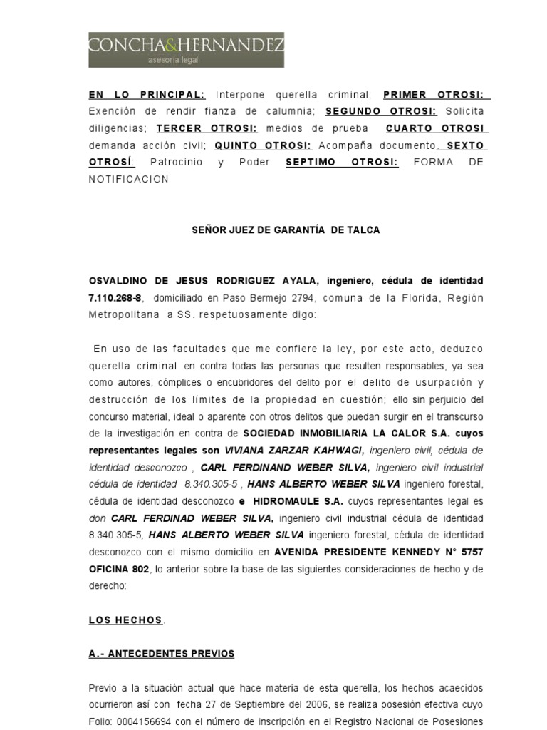 Querella Usurpacion | PDF | Evidencia (ley) | Derecho penal