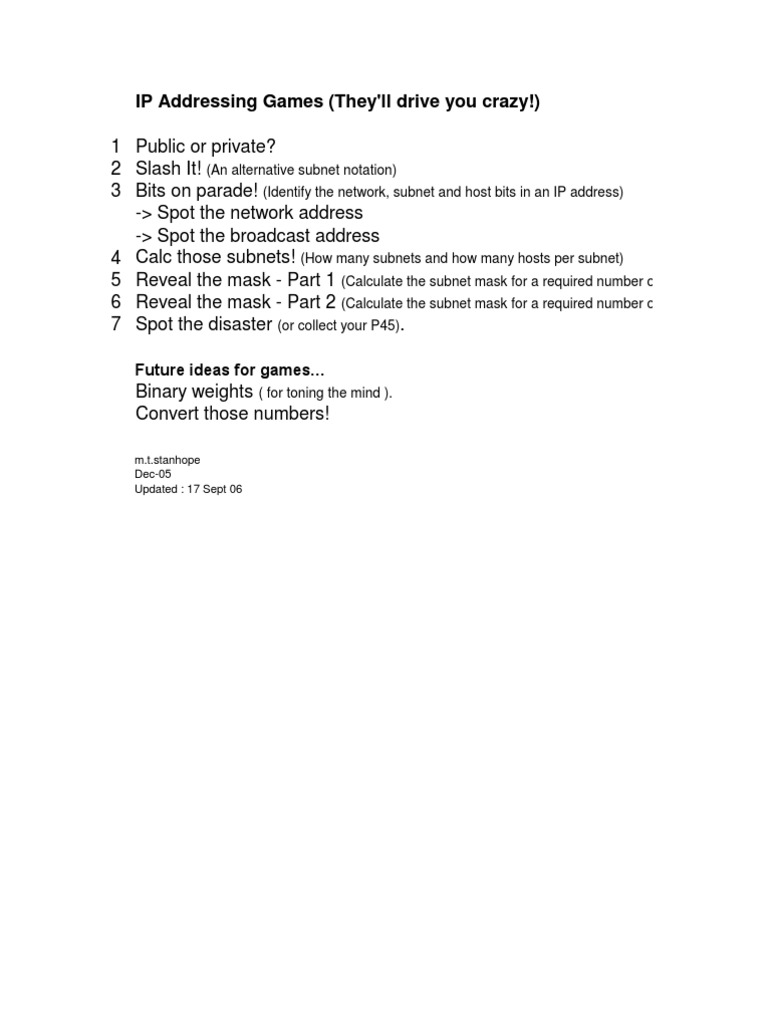IP Addresing Games | PDF | Gateway (Telecommunications) | Ip Address