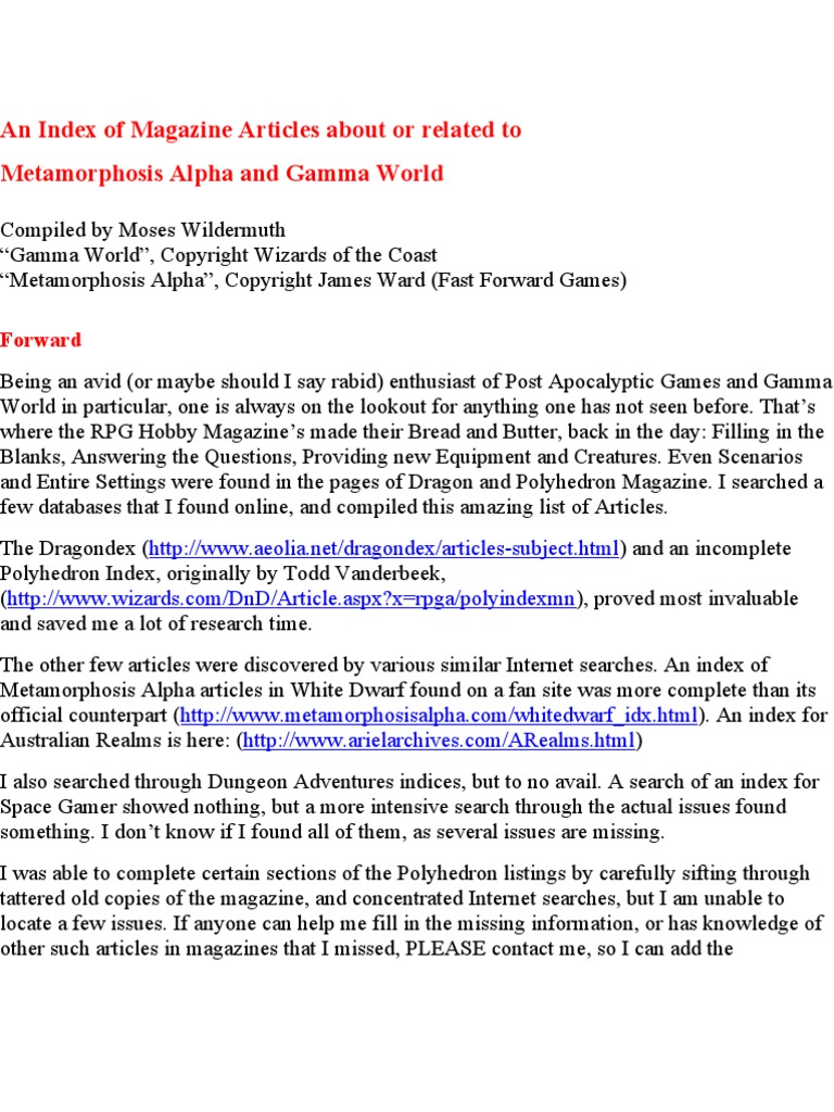 Magazine Indexes-Gamma World | PDF | Tsr (Company) Games | Copyright