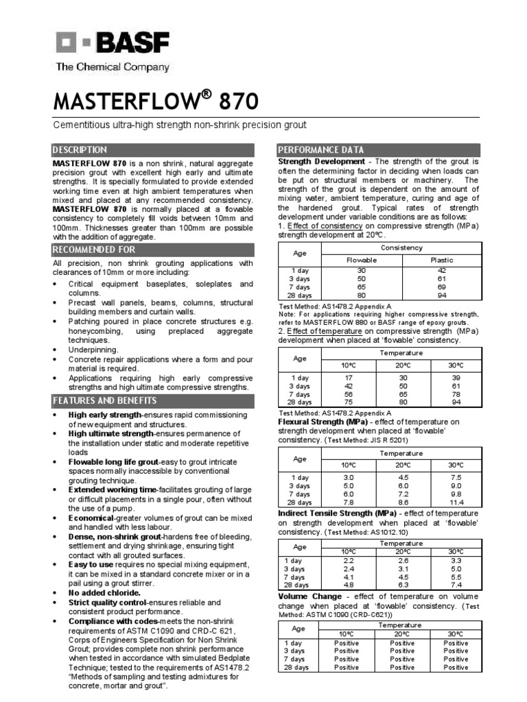 Masterflow 870 TDS | PDF | Strength Of Materials | Concrete