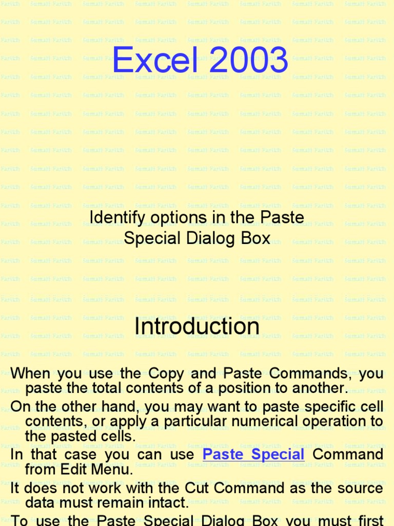 Excel 2003 Paste Special Dialog Box Pdf Microsoft Excel Menu Computing