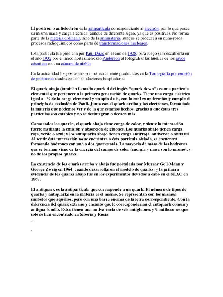 El Positrón o Antielectrón Es La Antipartícula Correspondiente Al ...