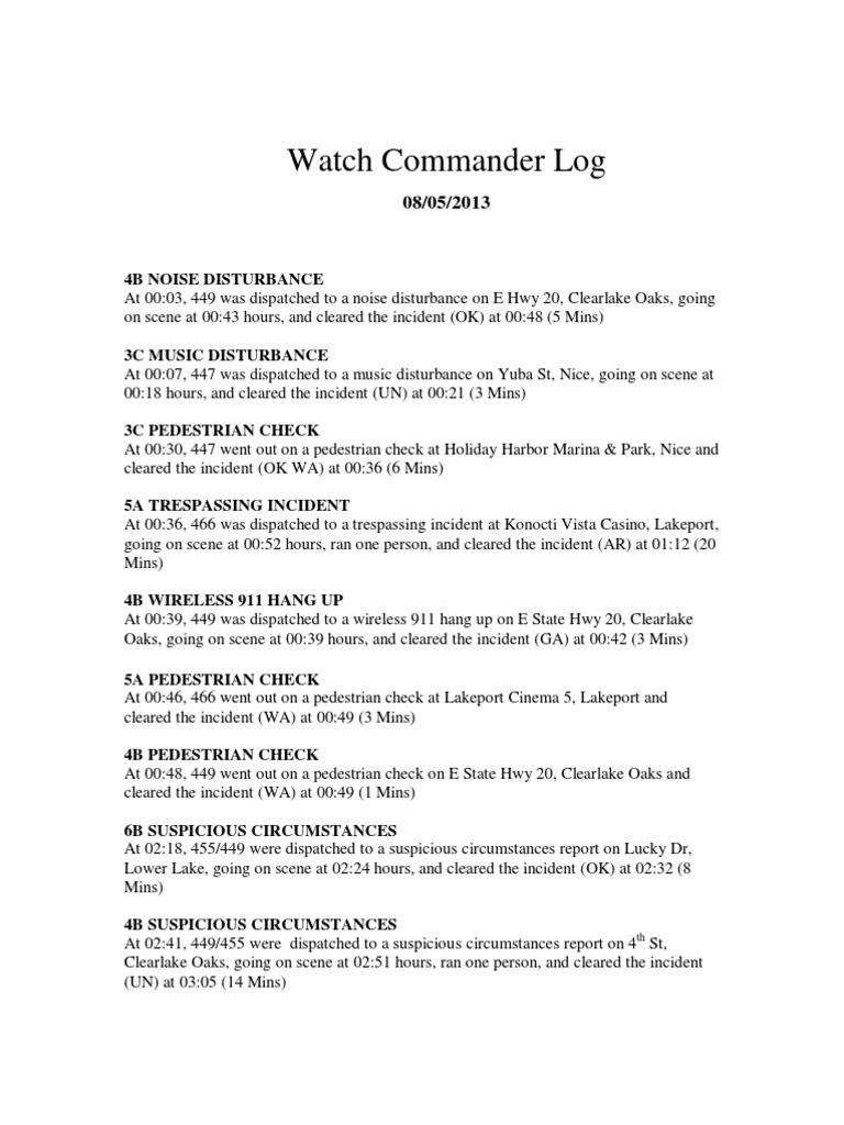 Daily Police Activity Log 08/05/2013 | PDF | Crime & Violence | Crime ...