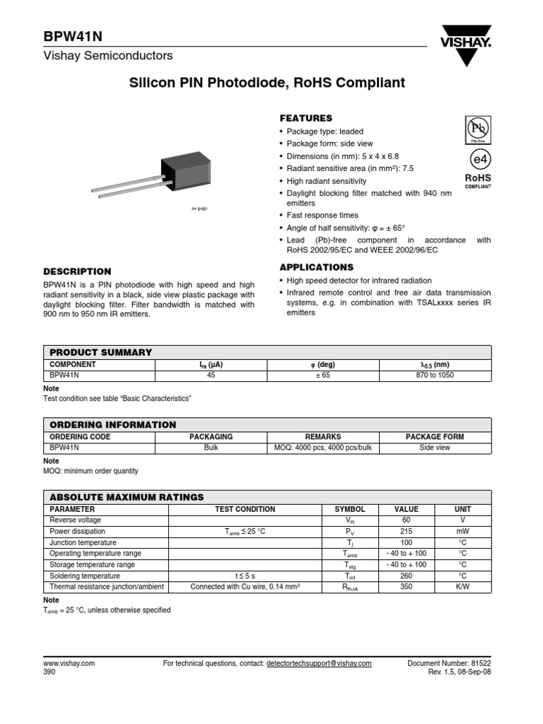 High-Speed IR PIN Photodiode BPW41N | PDF | Infrared | Disclaimer
