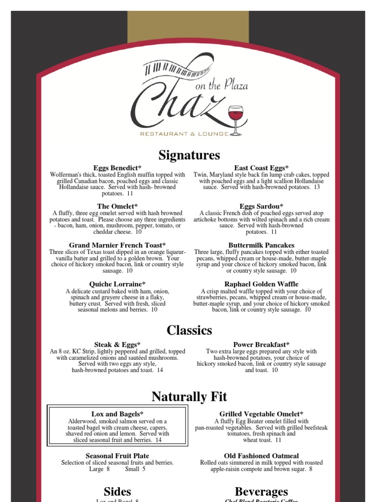Chaz On The Plaza Breakfast Menu | PDF | Western Cuisine | Regional ...
