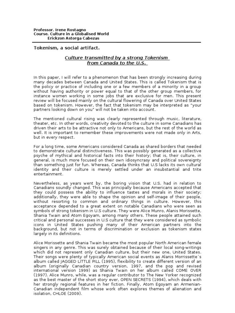 Tokenism, A Social Artifact.: Culture Transmitted by A Strong Tokenism ...