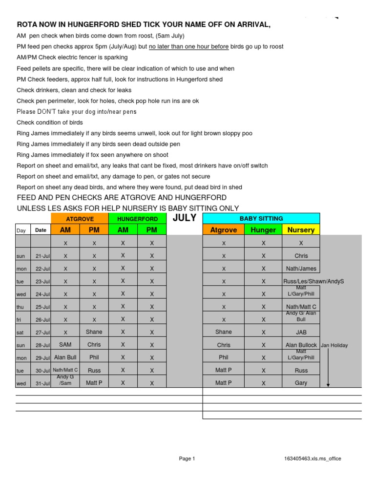 ROTA Updated 10 Aug | PDF | Nature