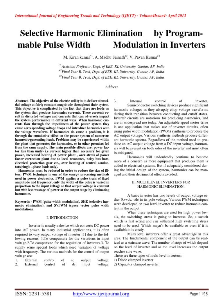Selective Harmonic Elimination by Programmable Pulse Width Modulation in Inverters | PDF | Power ...