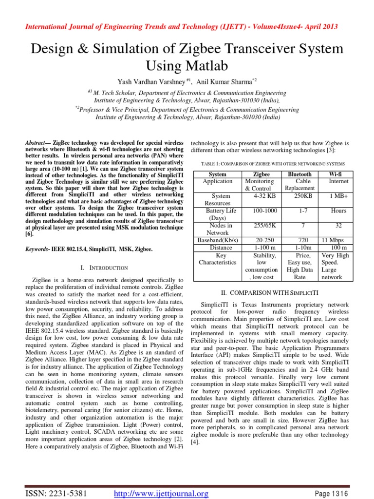 Design And Simulation Of Zigbee Transceiver System Using Matlab Pdf Modulation Computer Network