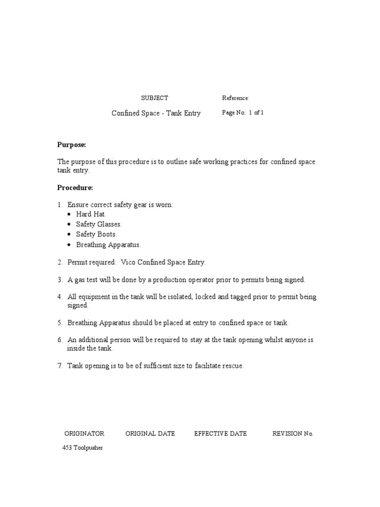 Confined Space Tank Entry Procedures | PDF