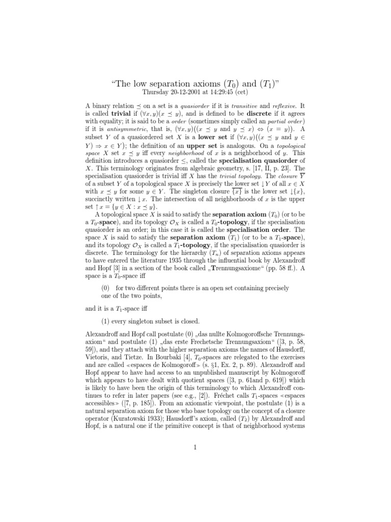 The Low Separation Axioms (T) and (T) | PDF | Continuous Function ...
