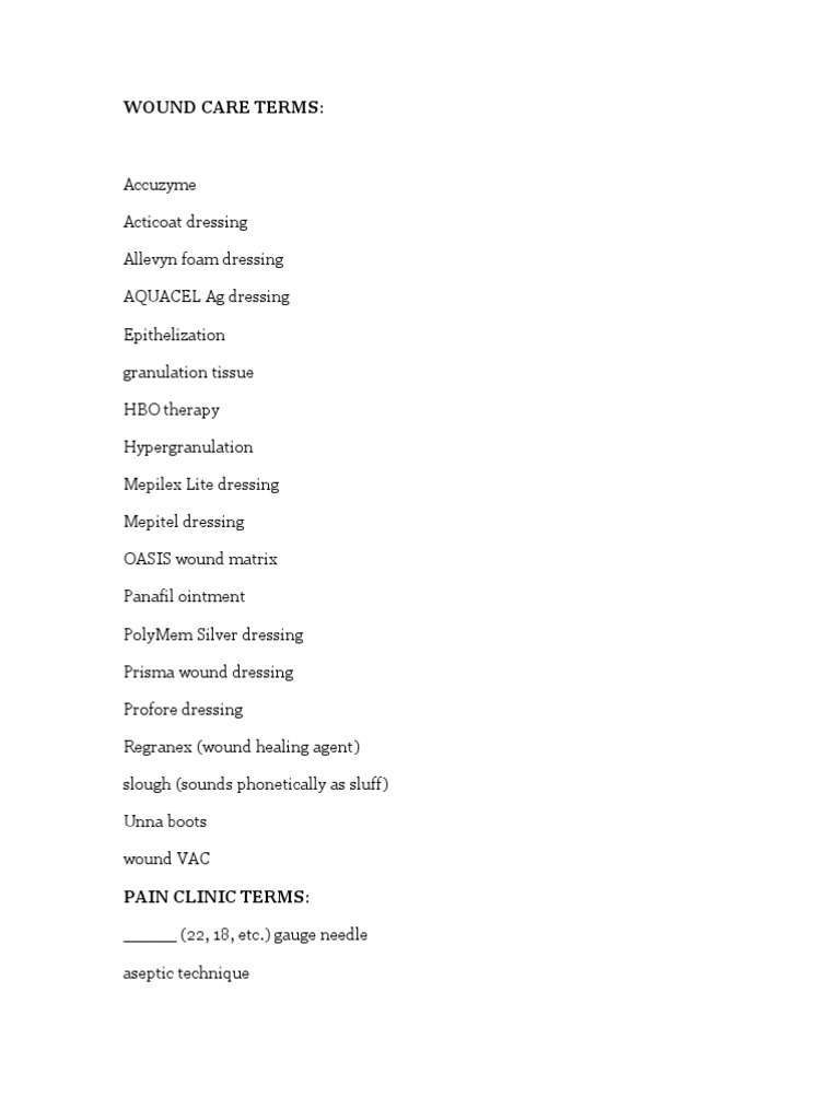 Wound and Pain Clinic Terminology Guide | PDF