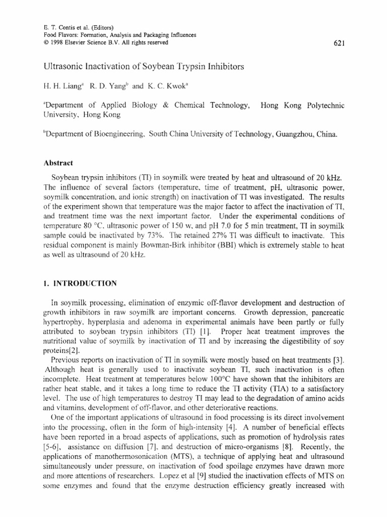 Ultrasonic Inactivation of Soybean Trypsin Inhibitors | PDF | Soy Milk ...