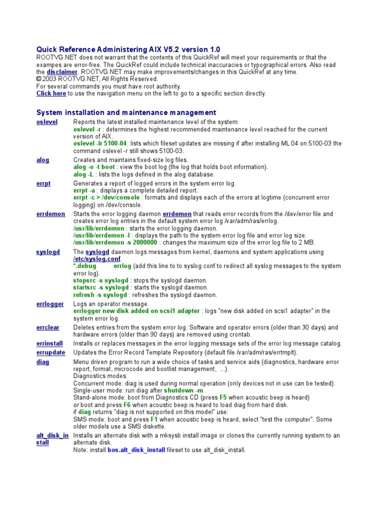 Quick Reference Administering AIX V5.2 Version 1.0: Disclaimer | PDF | File System | Booting