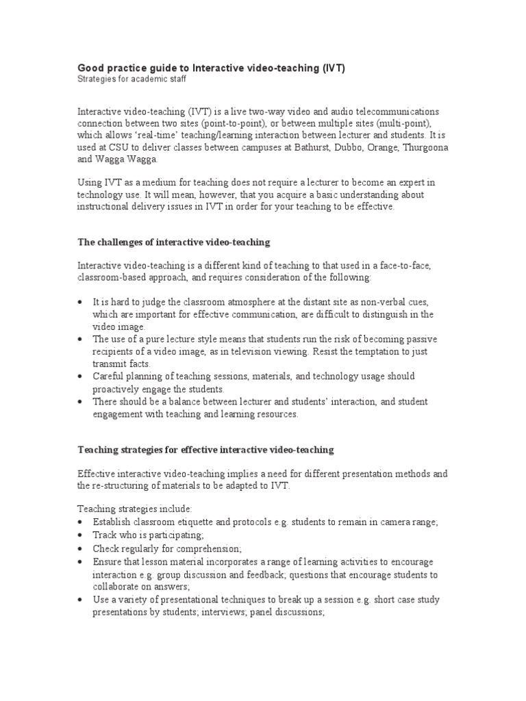 Good Practice Guide To Interactive Video-Teaching (IVT) : Strategies ...