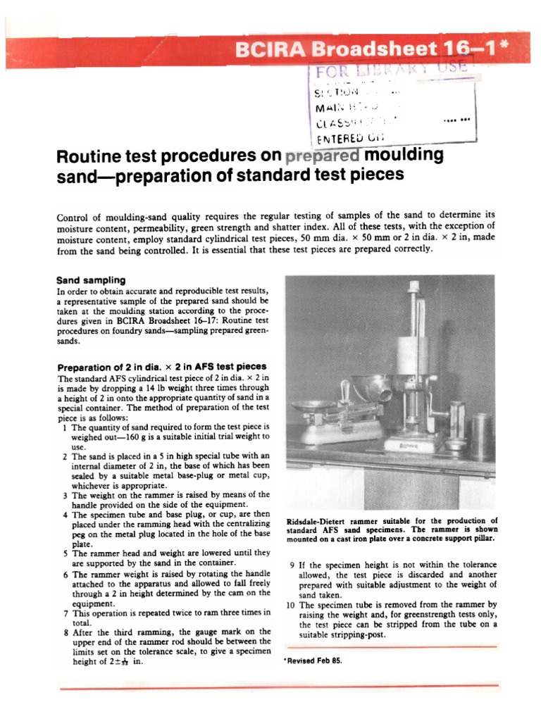 Routine Test Procedures On Standard Test Pieces Moulding: Sand ...