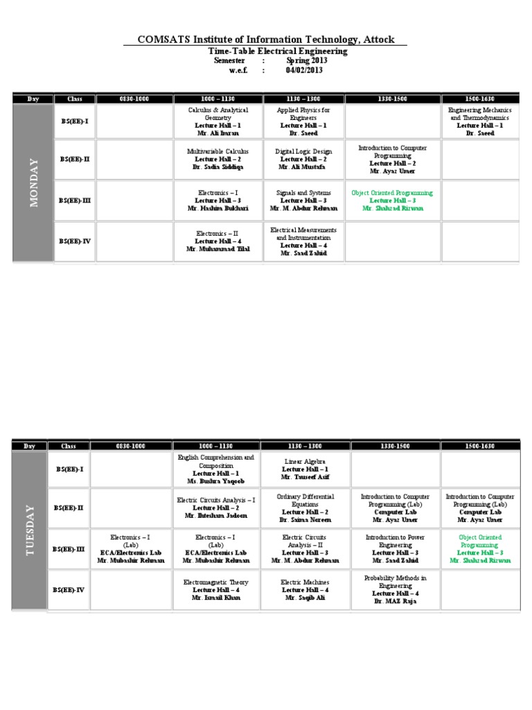 EE TimeTable (Spring 2013) - 2 | PDF