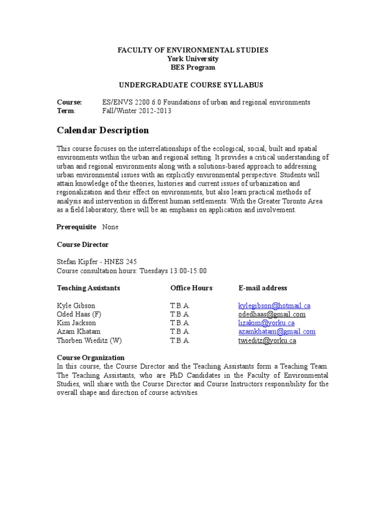 Envs 2200 2012-13 Fall-Winter Syllabus | PDF | Lecture | Teaching Assistant